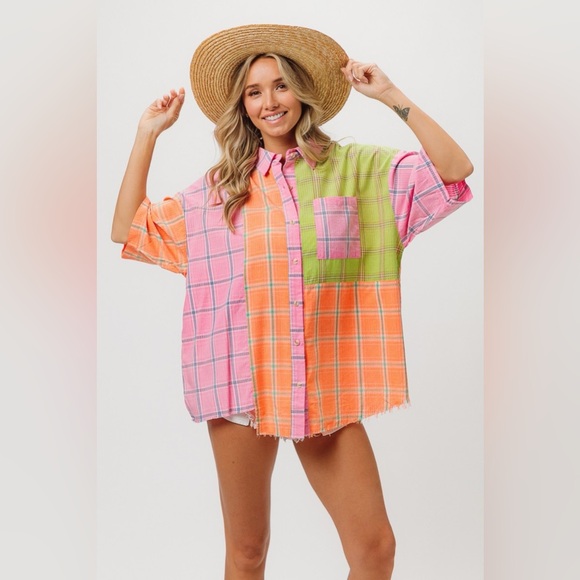 BiBi | Tops | Bibi Plaid Collared Neck Half Sleeve Shirt | Poshmark